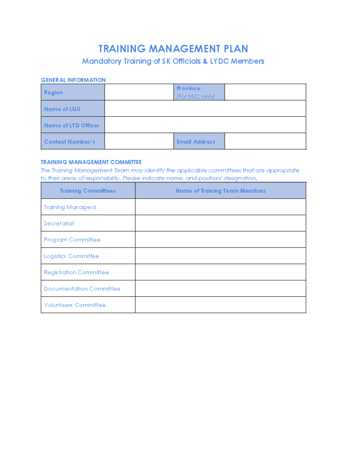 SKMT Training Plan Template - TRAINING MANAGEMENT PLAN Mandatory ...