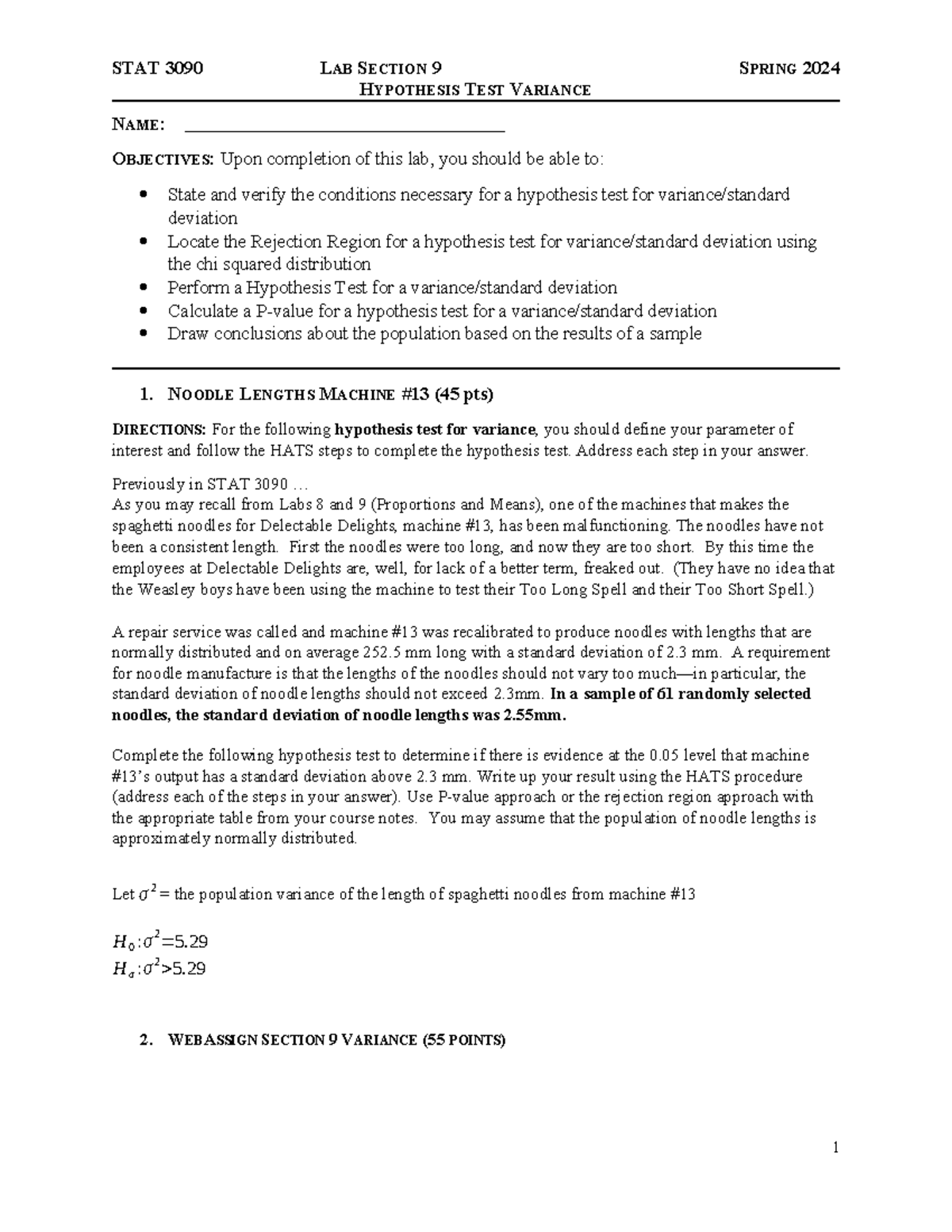 Lab Section 9 Variance - lab - STAT 3090 LAB SECTION 9 SPRING 2024 ...