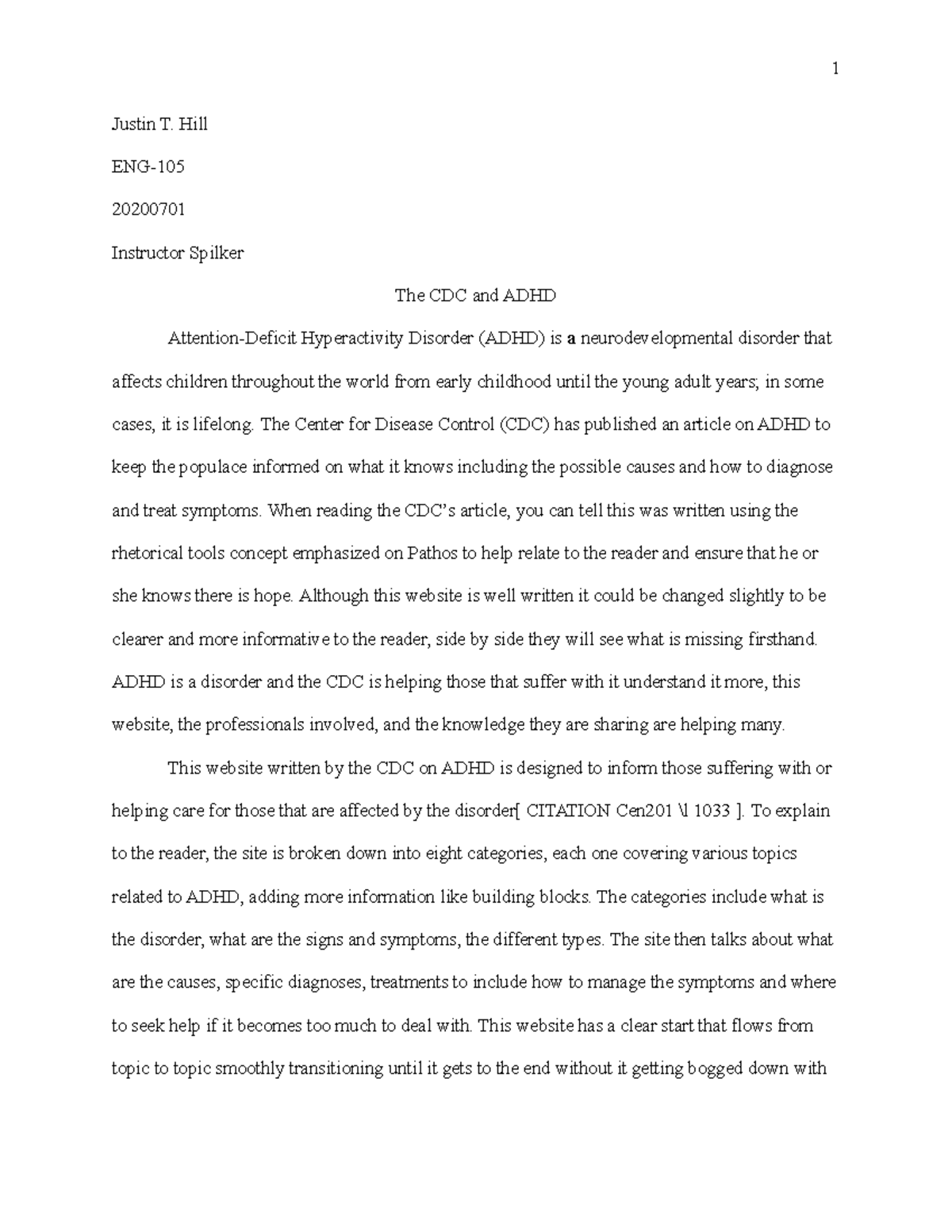ADHD rough draft for Behavioral essay - Justin T. Hill ENG- 20200701 ...