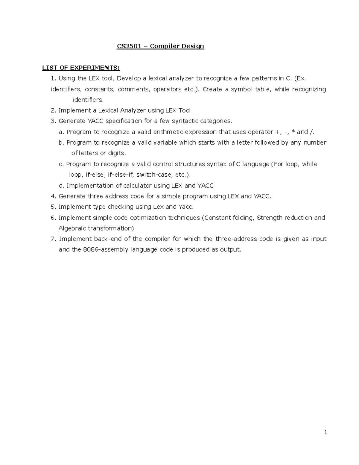 CS3501-Compiler Design Manual - CS3501 – Compiler Design LIST OF ...