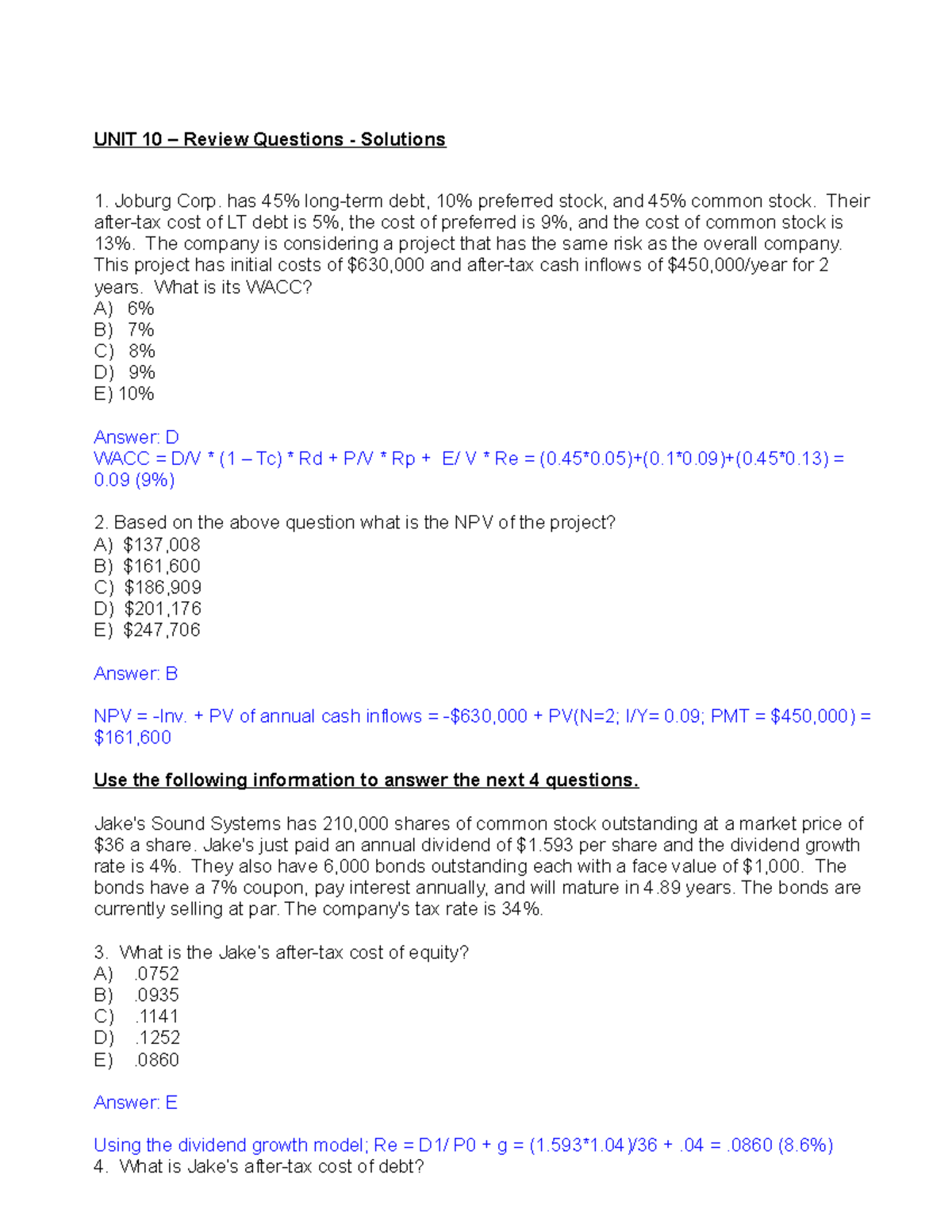 Unit 10 Review Questions - Solutions - UNIT 10 – Review Questions ...