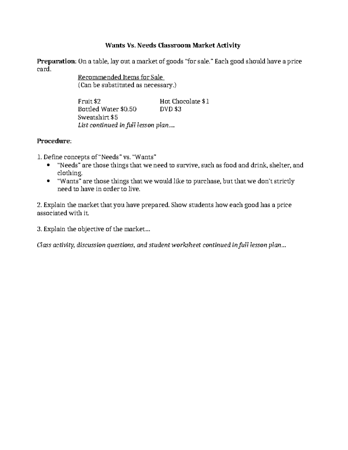 Classroom market - Wants Vs. Needs Classroom Market Activity ...