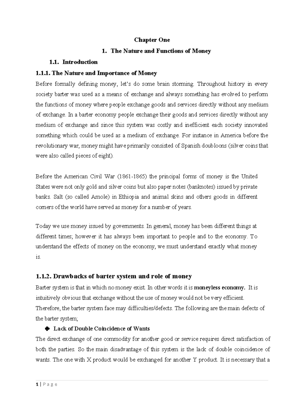 Monetary chp1 - Chapter One 1. The Nature and Functions of Money 1 ...