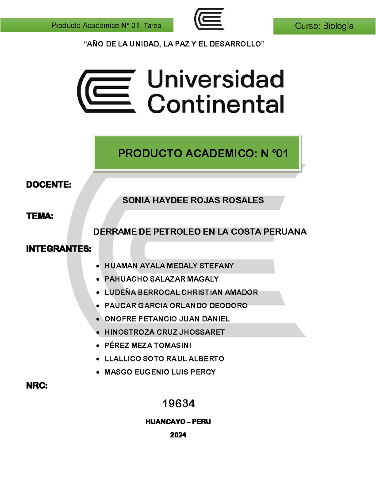 Producto Academico 01 - Biologia - “AÑO DE LA UNIDAD, LA PAZ Y EL DESARROLLO” PRODUCTO ACADEMICO ...