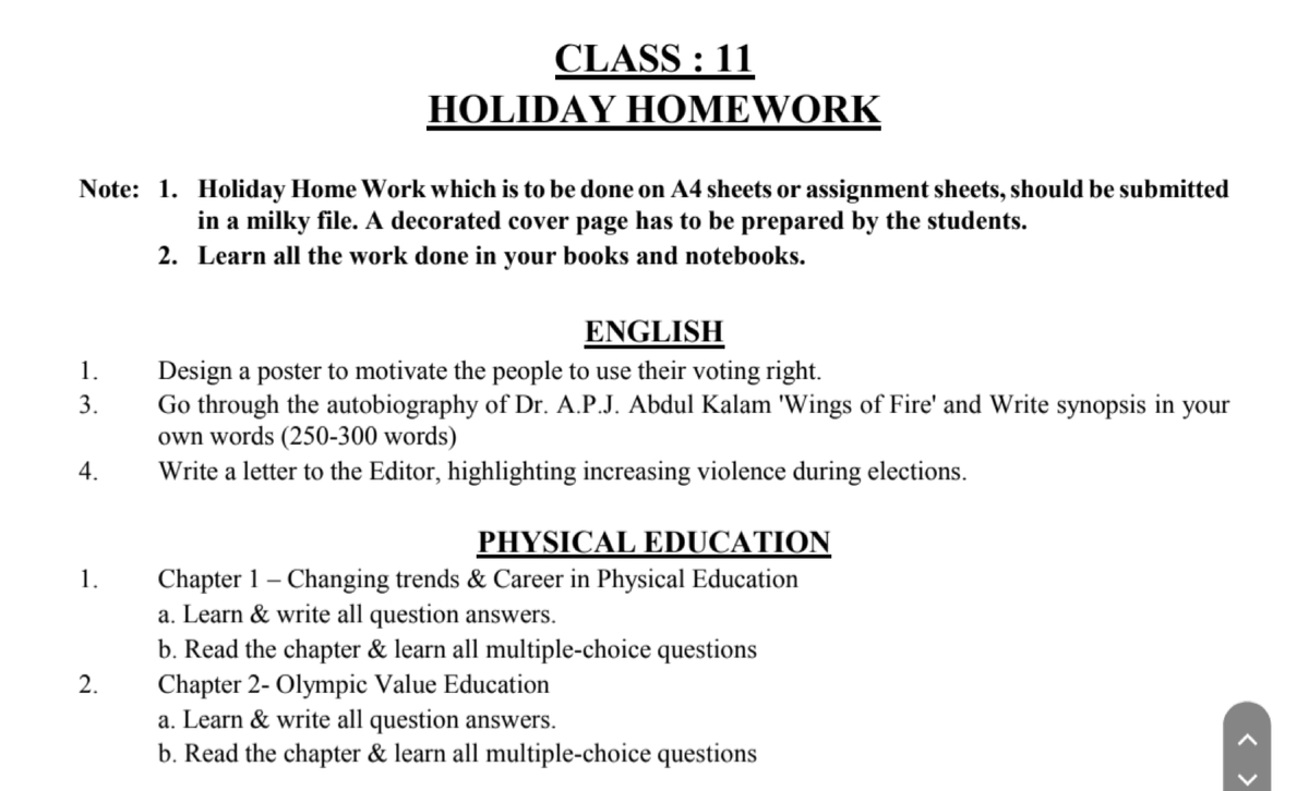 Class 11 holiday homework - CLASS: 11 HOLIDAY HOMEWORK Note: 1. Holiday ...