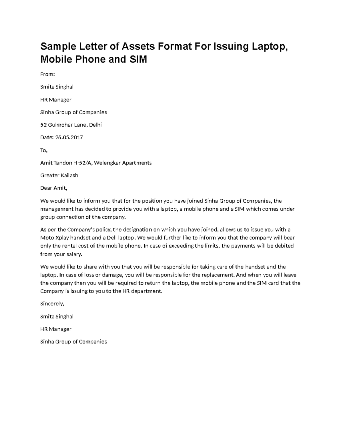 Sample Letter of Assets Format For Issuing Laptop - To, Amit Tandon H ...