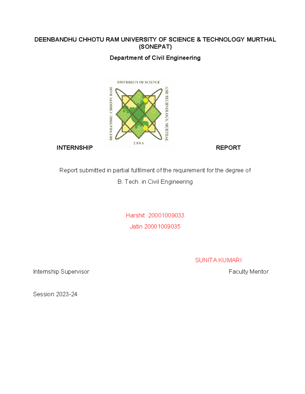 Internship report-4 - DEENBANDHU CHHOTU RAM UNIVERSITY OF SCIENCE ...