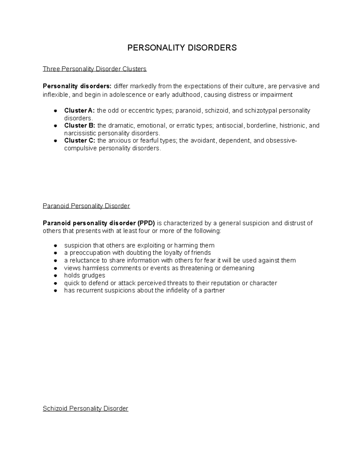PSY 215 Personality Disorders Notes Part 1 - PERSONALITY DISORDERS ...
