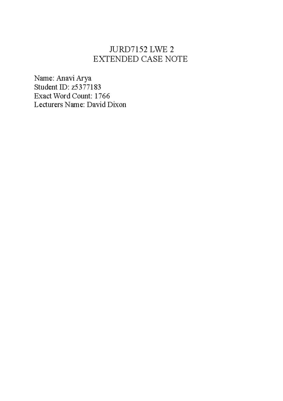 Extended Case Note for Prouten v Chapman - JURD7152 LWE 2 EXTENDED CASE ...