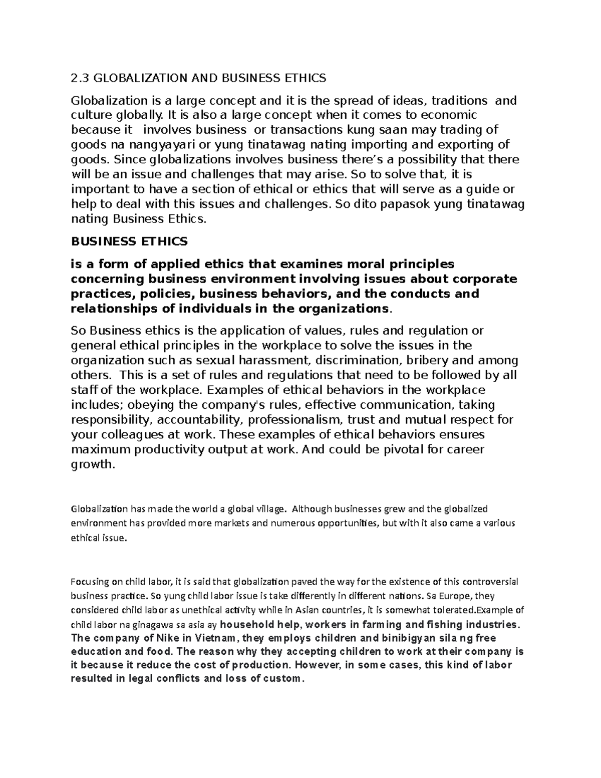 Ethics report - none - 2 GLOBALIZATION AND BUSINESS ETHICS ...