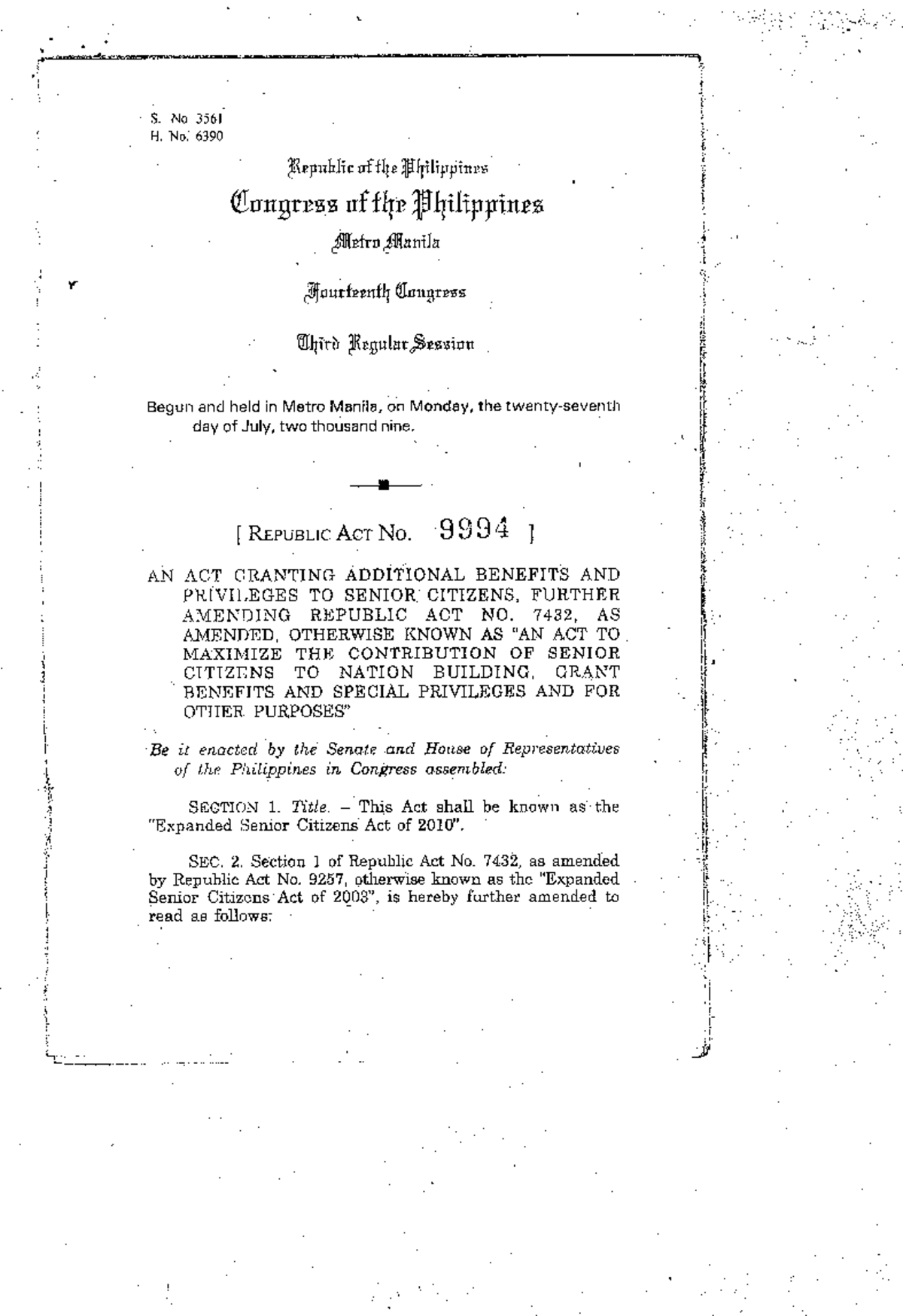 RA-9994 Senior Citizens Law Amendment - ., I. . '{ :. !~ i s. No. 3561 ...
