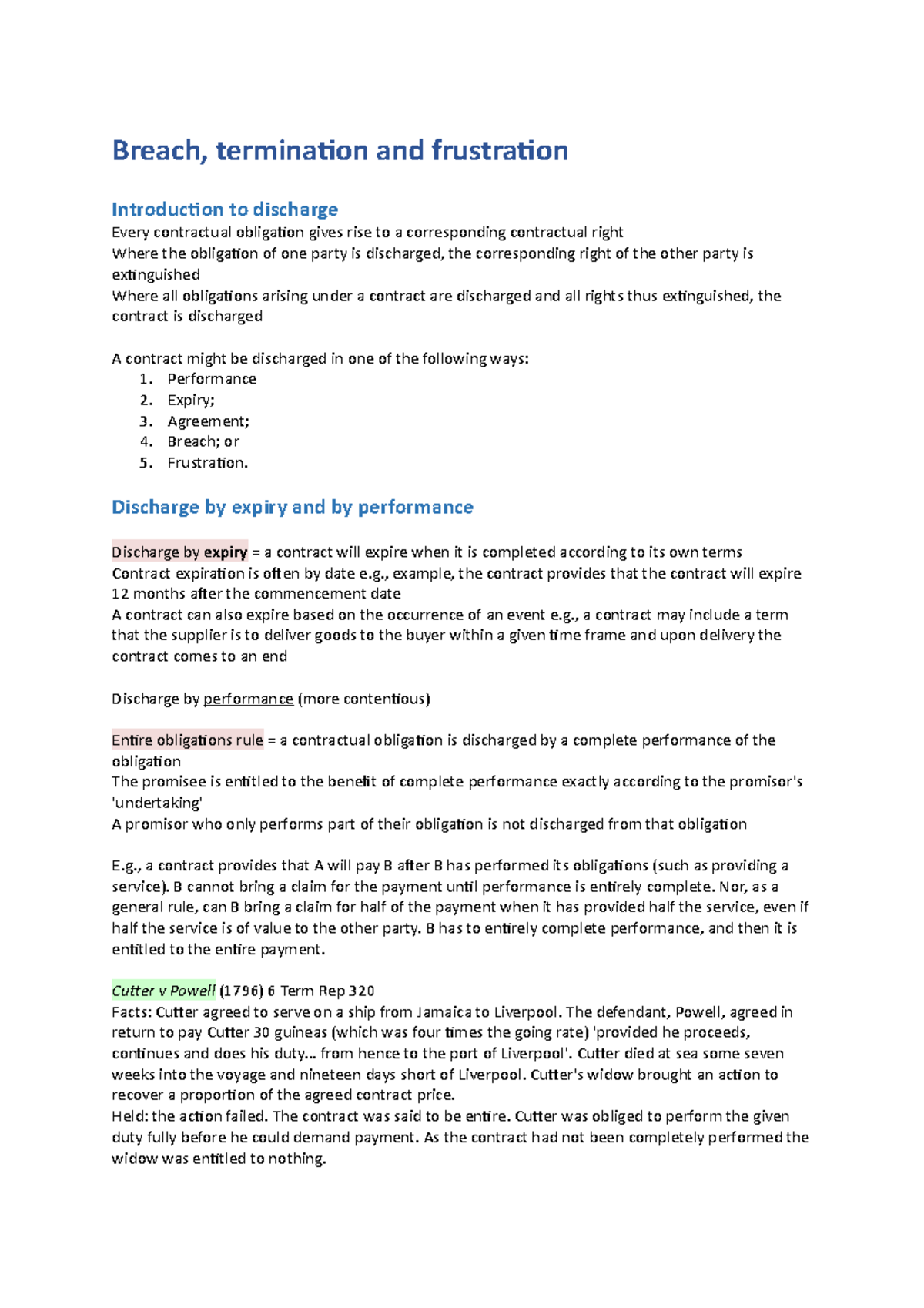 Prepare 8 - Comprehensive lecture 8 notes for Contract Law GDL - Breach ...