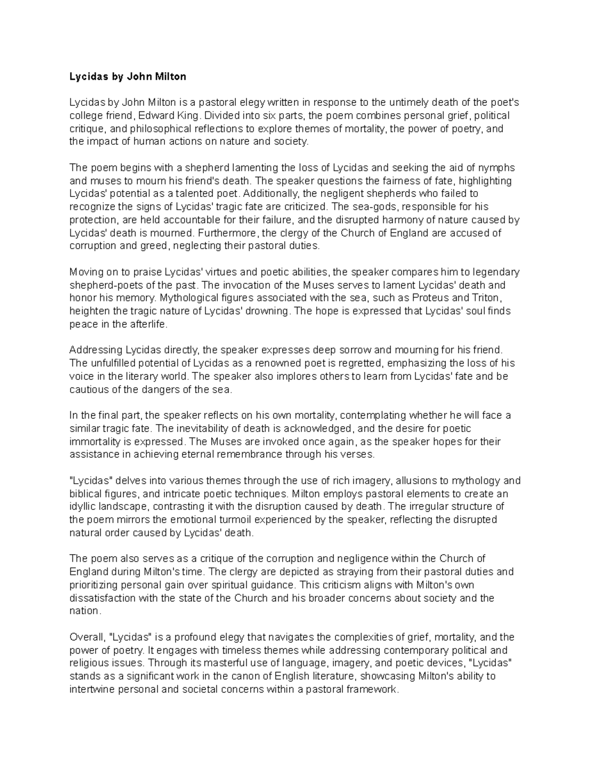 Lycidas by John Milton - Summary Functional English - Lycidas by John ...