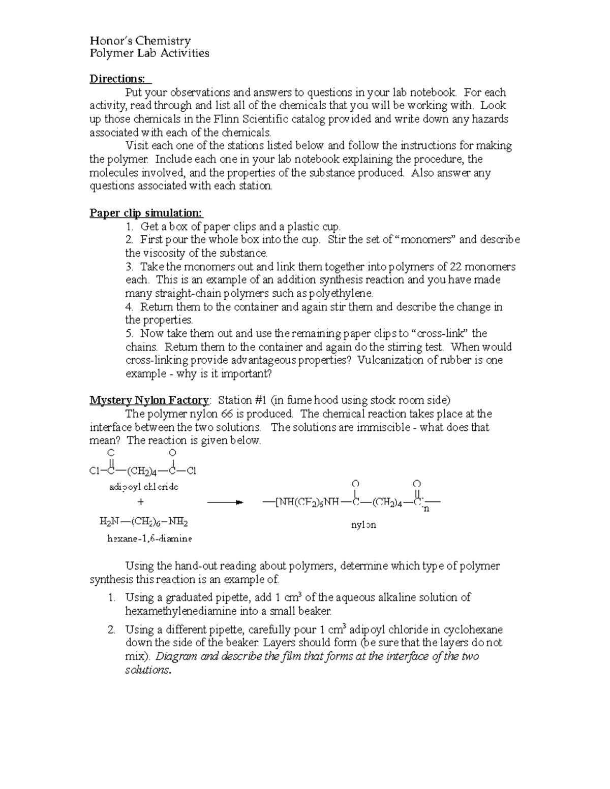 Polymerlab - Polymer Lab - Polymer Lab Activities Directions: Put your ...