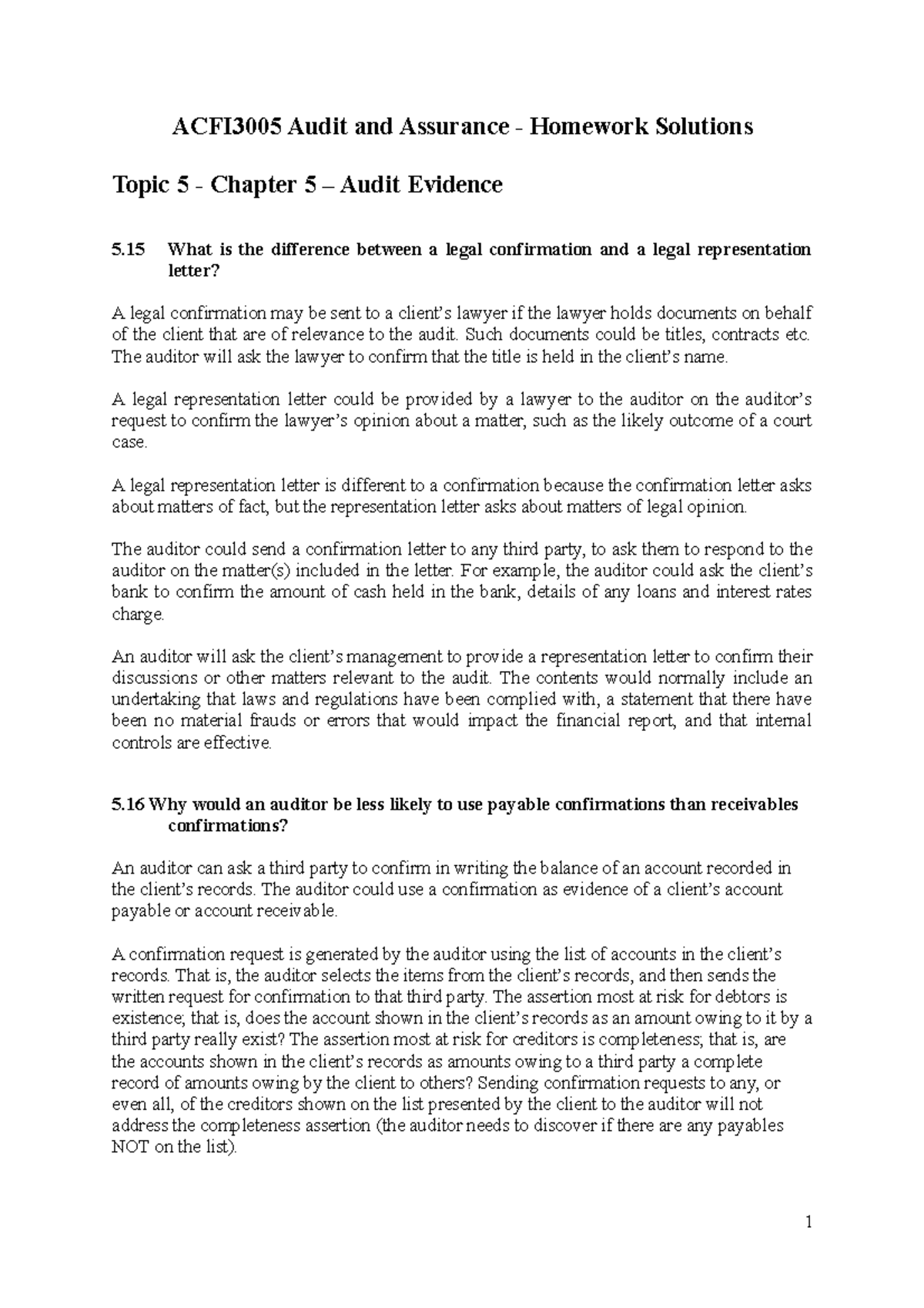 ACFI3005 Audit and Assurance Homework Solutions Topic 5 Chapter 5 Audit ...