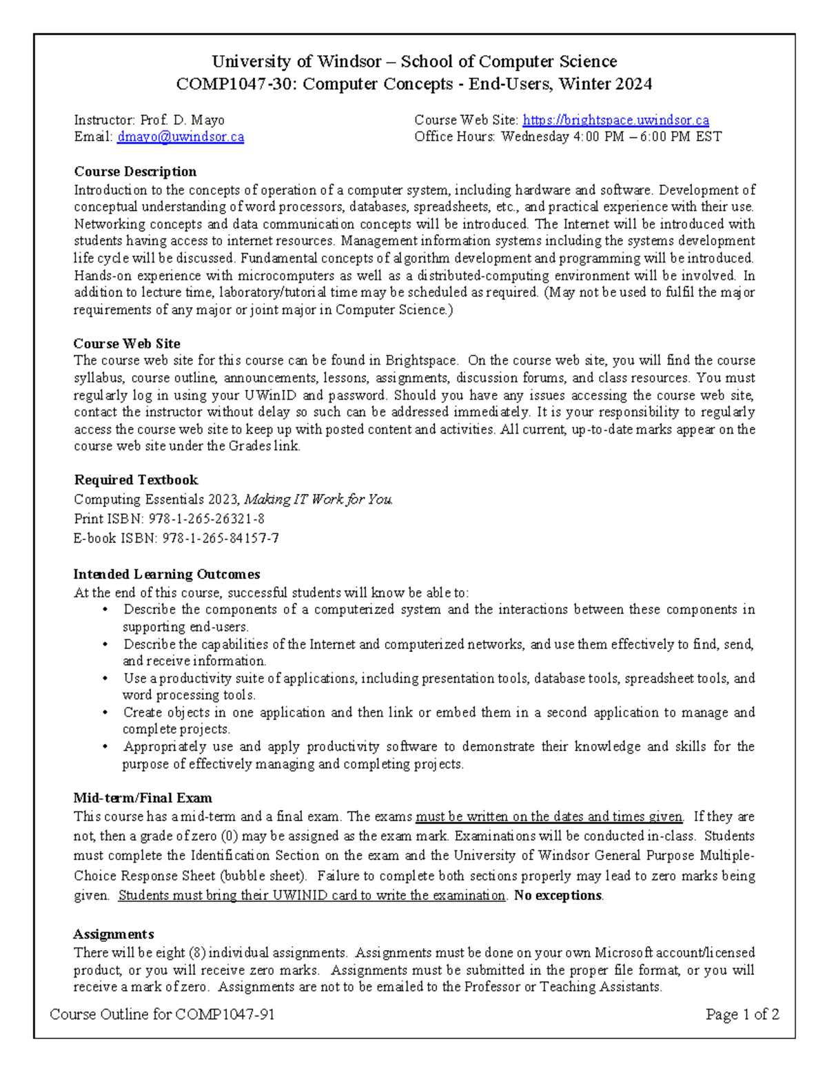 COMP104730 Course Outline Winter 2024 - Course Outline for COMP1047- 91 Page 1 of 2 University ...