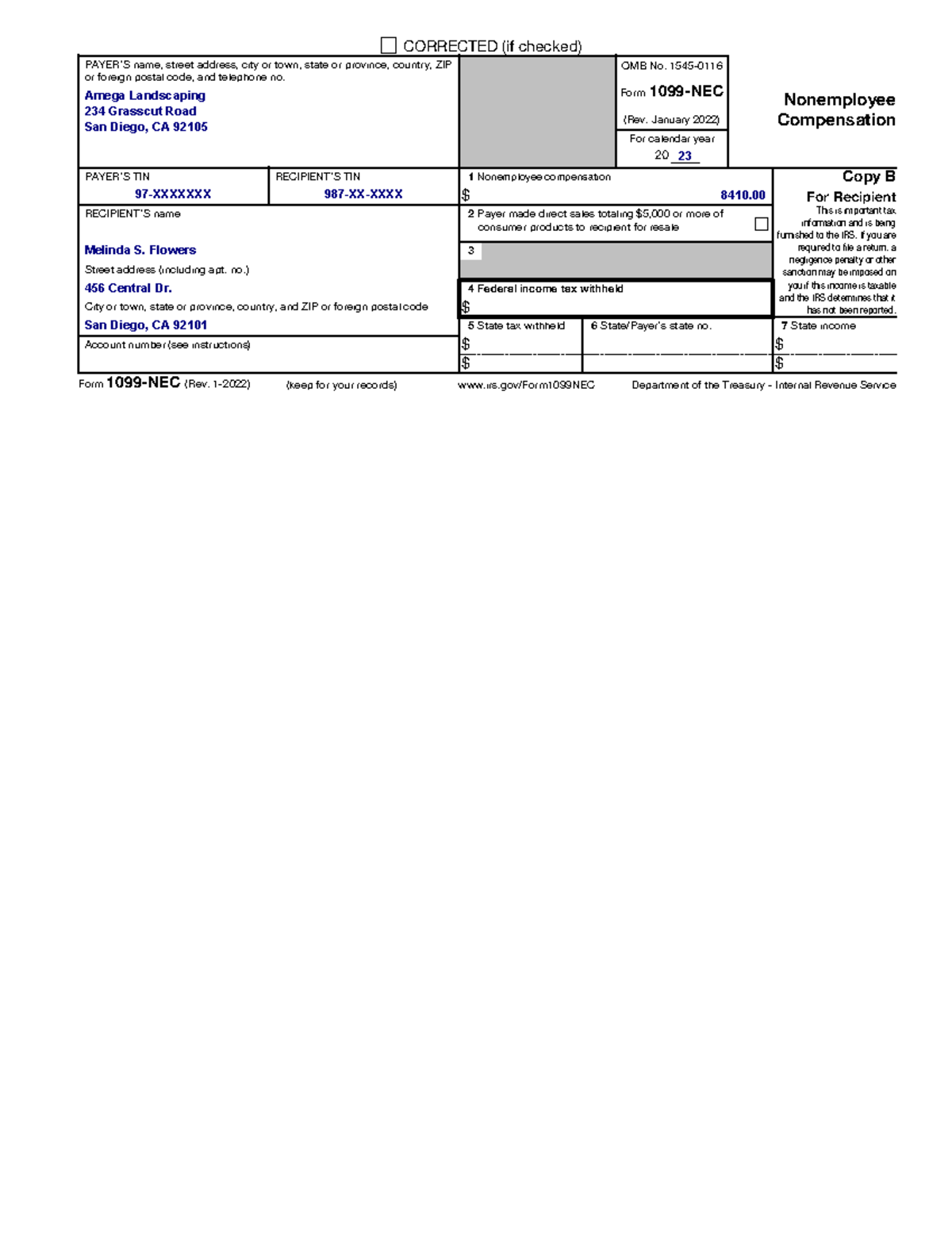 2023 1099 Melinda Flowers - Form 1099-NEC (Rev. January 2022 ...