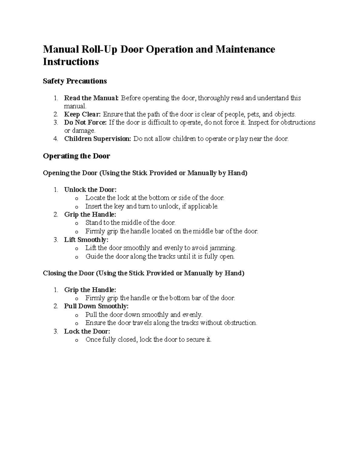 Manual Roll Up Door Operation and Maintenance Instructions - Manual ...