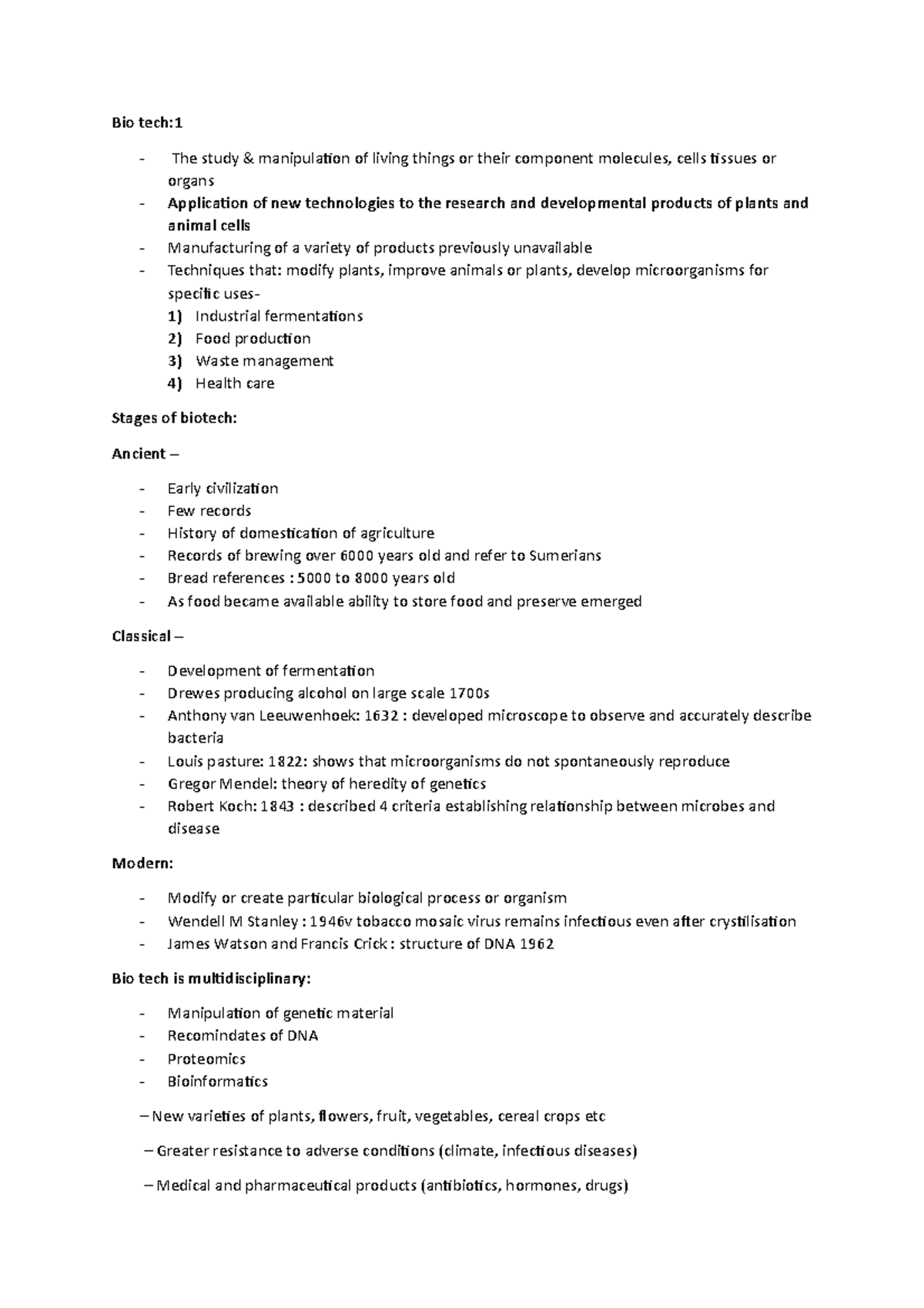 BIOTECH 1 NOTESX - Bio tech: - The study & manipulation of living ...