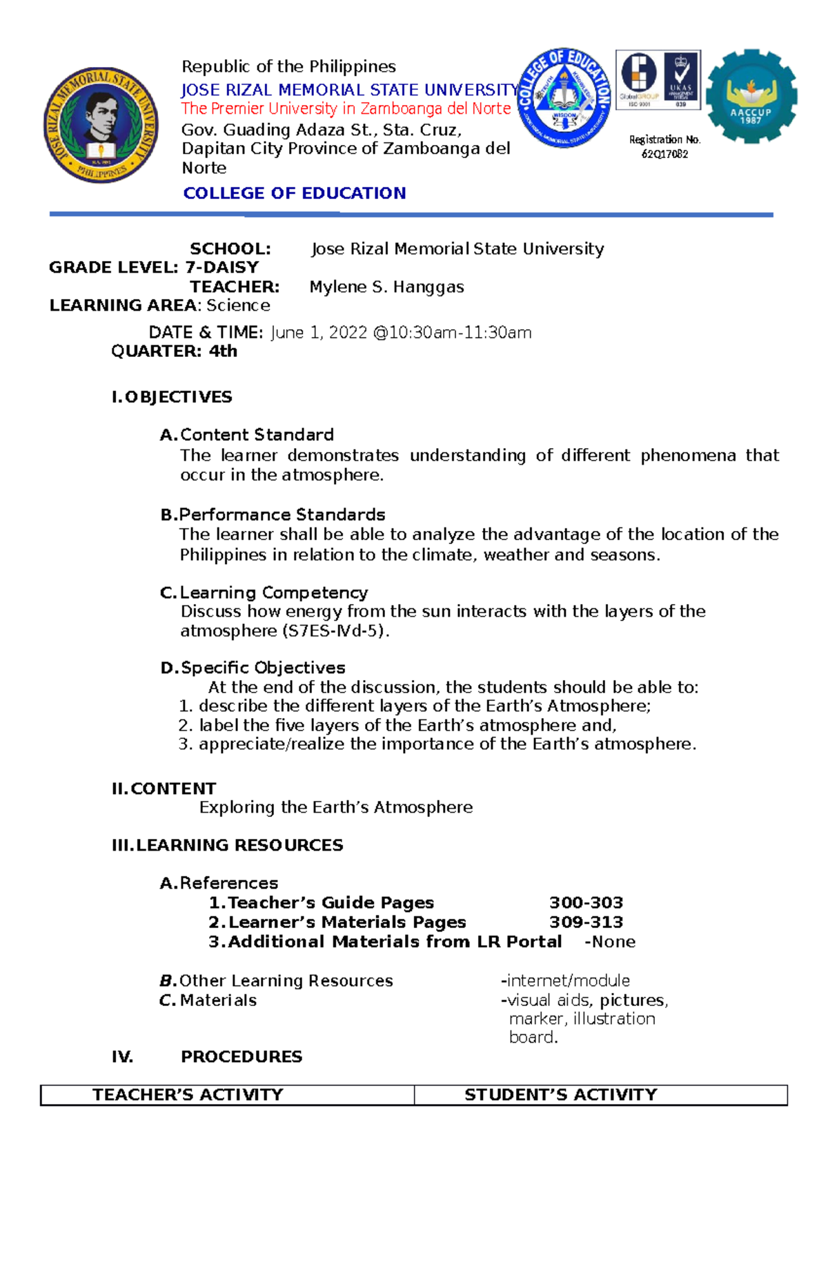 Lesson PLAN IN Science 7 Final DEMO - Republic of the Philippines JOSE ...