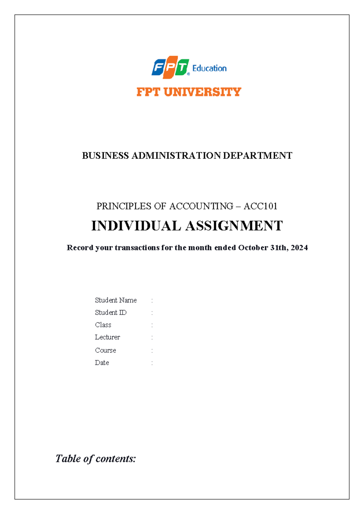 ACC101 Individual Assignment - BUSINESS ADMINISTRATION DEPARTMENT ...