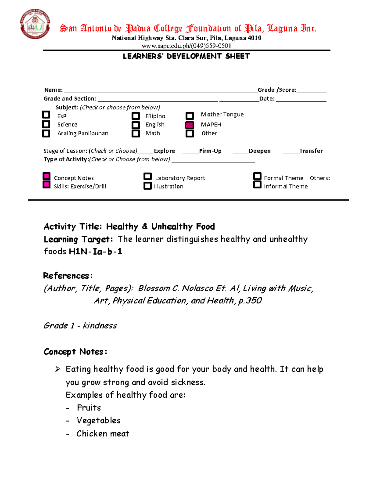 Health LDS 8 - EDUC - San Antonio de Padua College Foundation of Pila ...