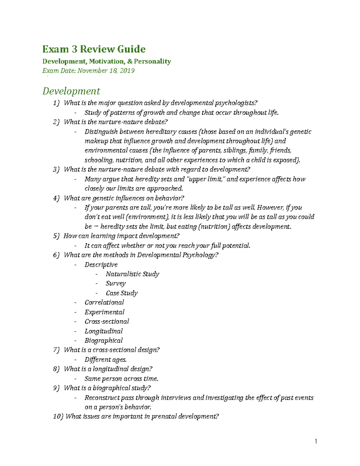 Exam 3 Review Guide - Development, Motivation, & Personality - Exam 3 ...