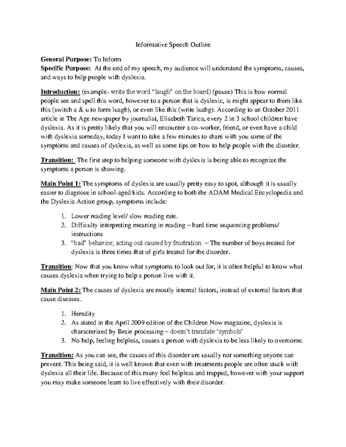 Informative Speech Outline- English for oral presentation - Informative ...