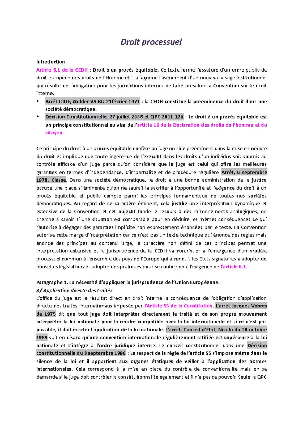 Cours de droit processuel - Droit processuel Introduction. Article 6 de ...