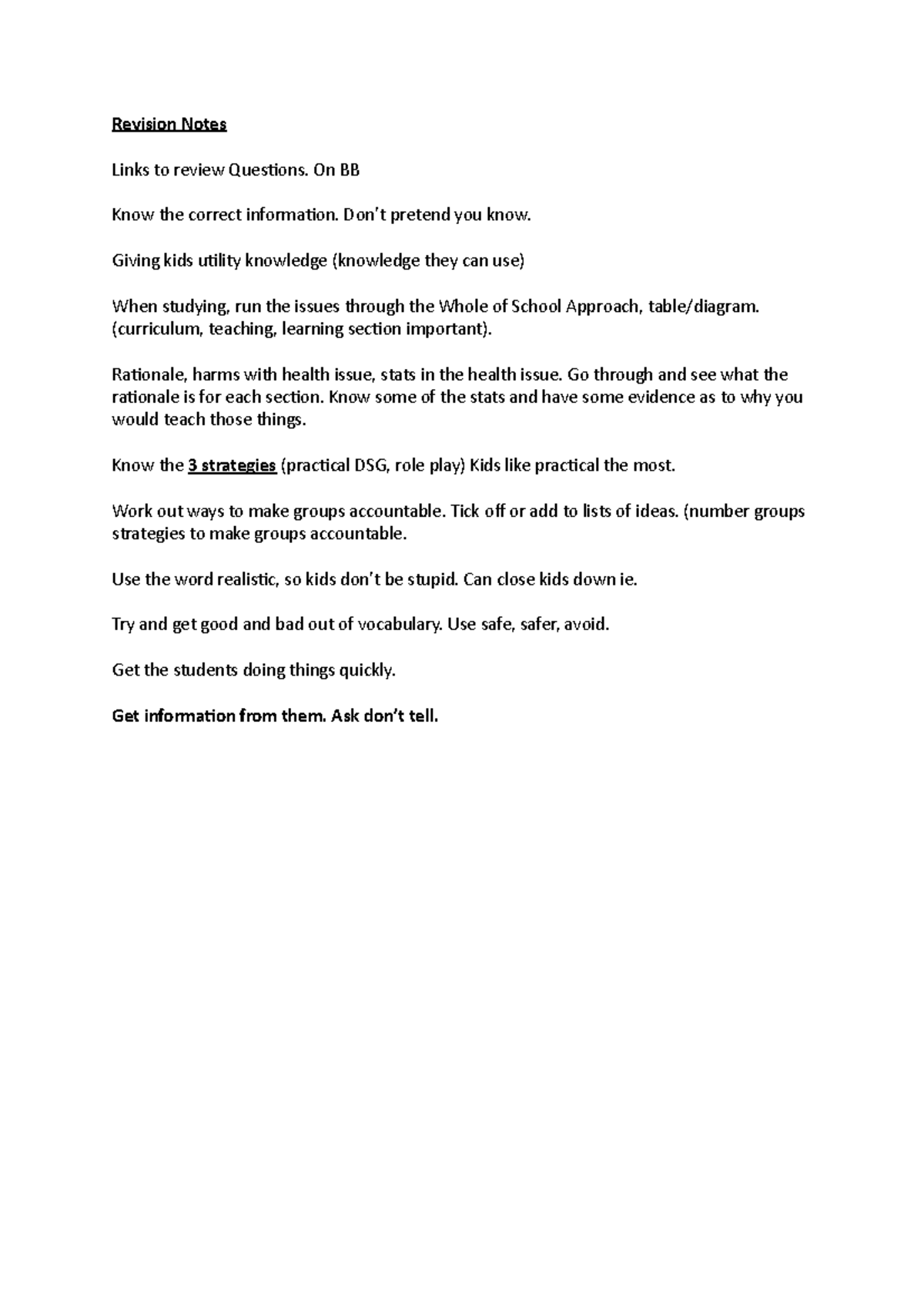 Revision Notes - Revision Notes Links to review Questions. On BB Know ...