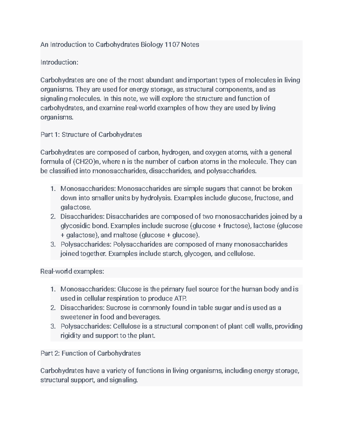 Molecules of Life An Introduction to Carbohydrates Biology 1107 Notes ...