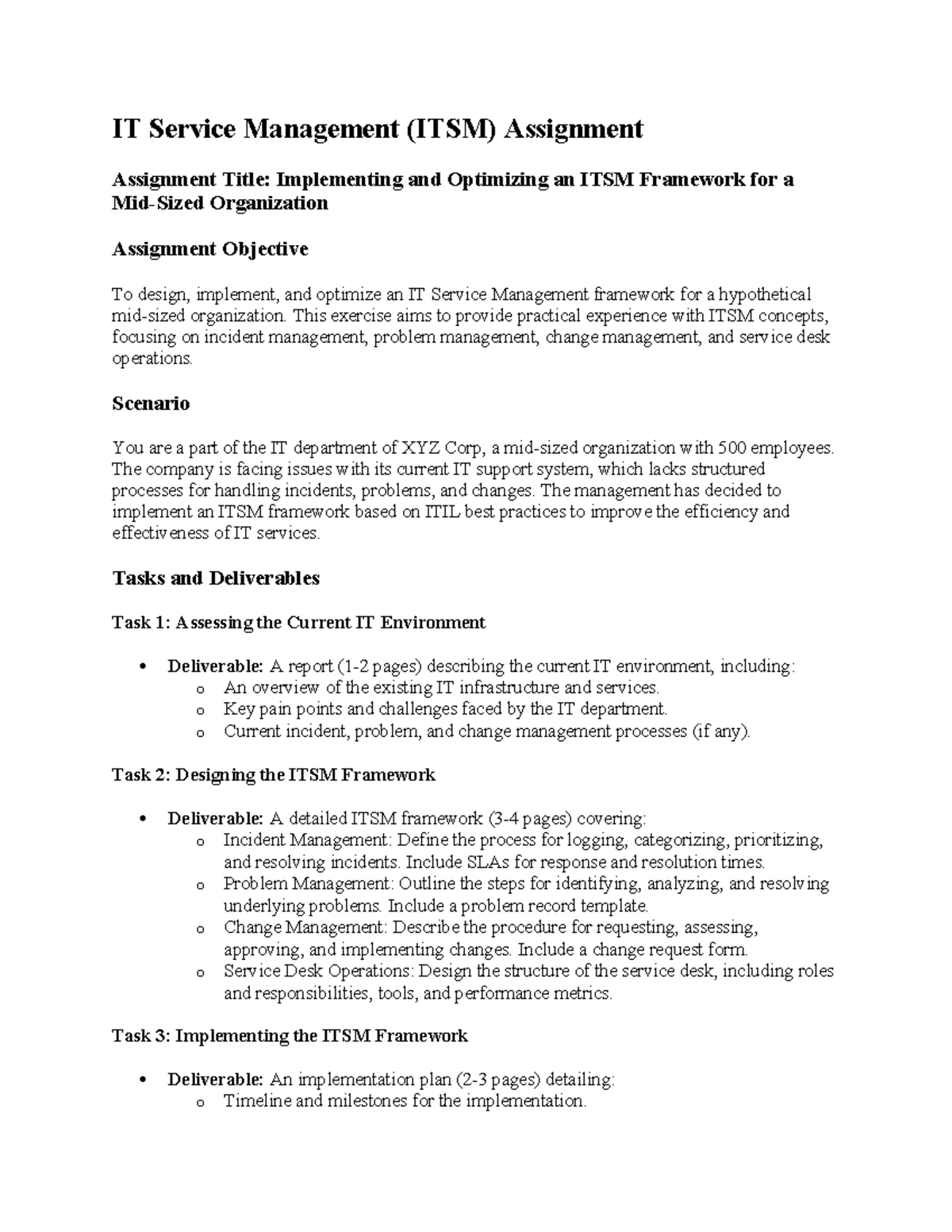ITSM assignment - IT Service Management (ITSM) Assignment Assignment ...