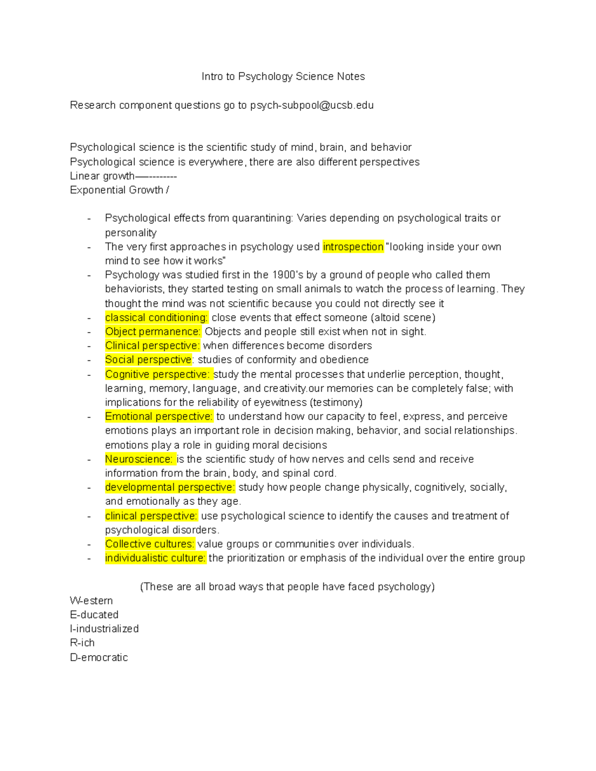 Intro to Psych - Entire notes section from each lecture of the quarter ...