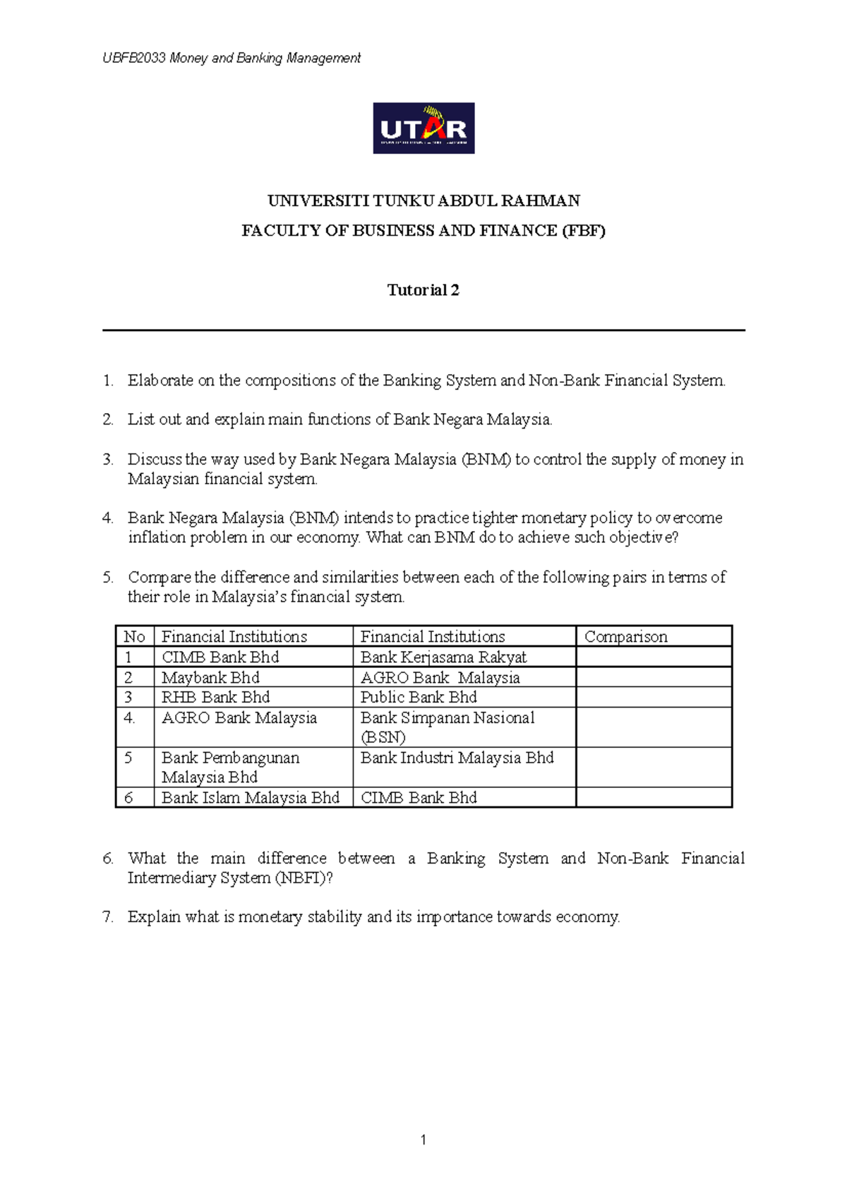 Tutorial 2 - Question - UBFB2033 Money and Banking Management ...