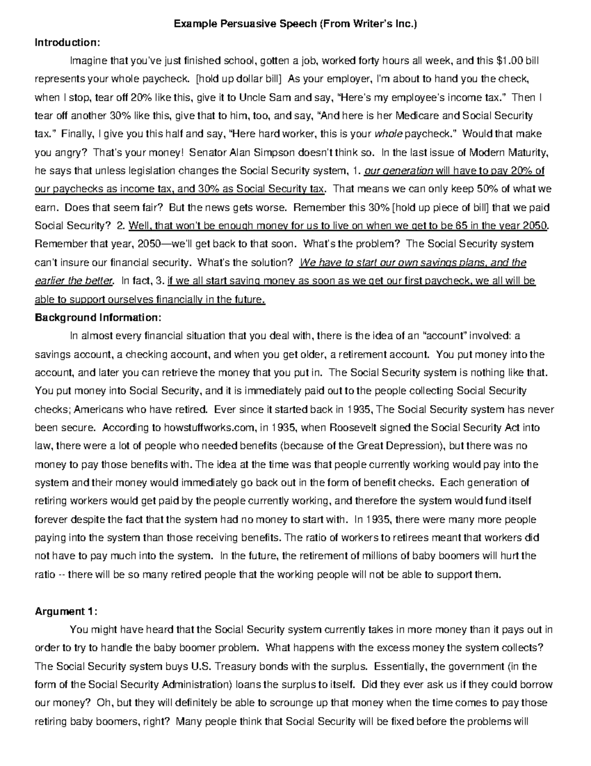 Introduction Example for - Example Persuasive Speech (From Writer’s Inc ...