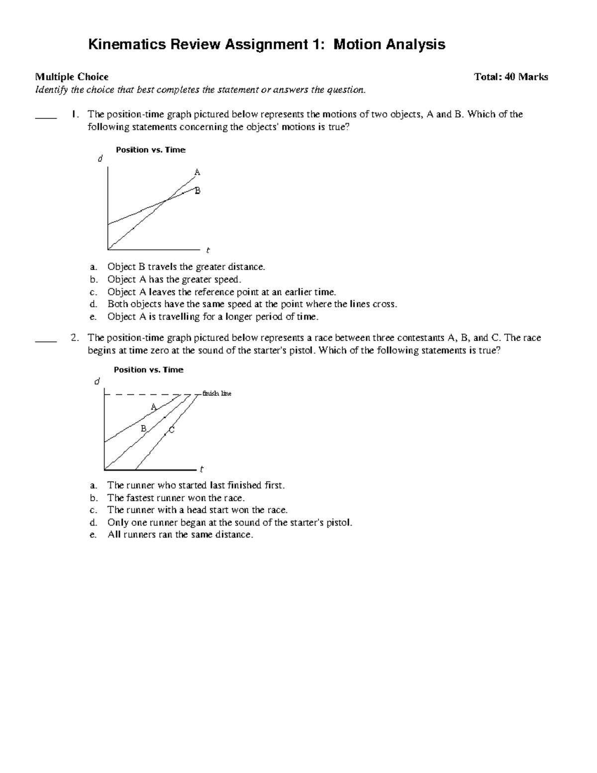 Kinematics Review Assignment 1 - Motion Analysis - Multiple Choice ...