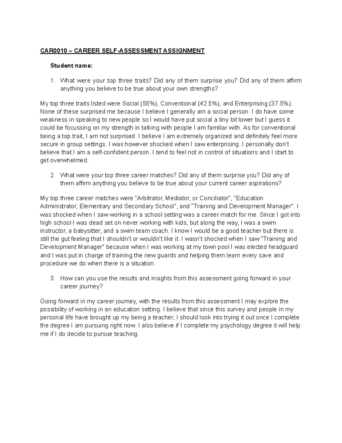 Career Self-Assessment - CAR0010 – CAREER SELF-ASSESSMENT ASSIGNMENT ...