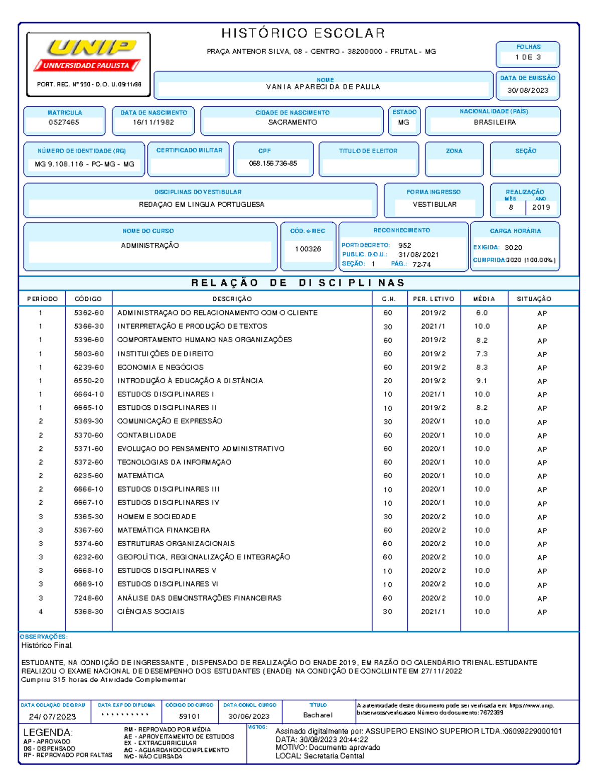 Histórico Unip - foi otimo - H I S T Ó R I C O E S C O L A R 1 5362- 60 ...