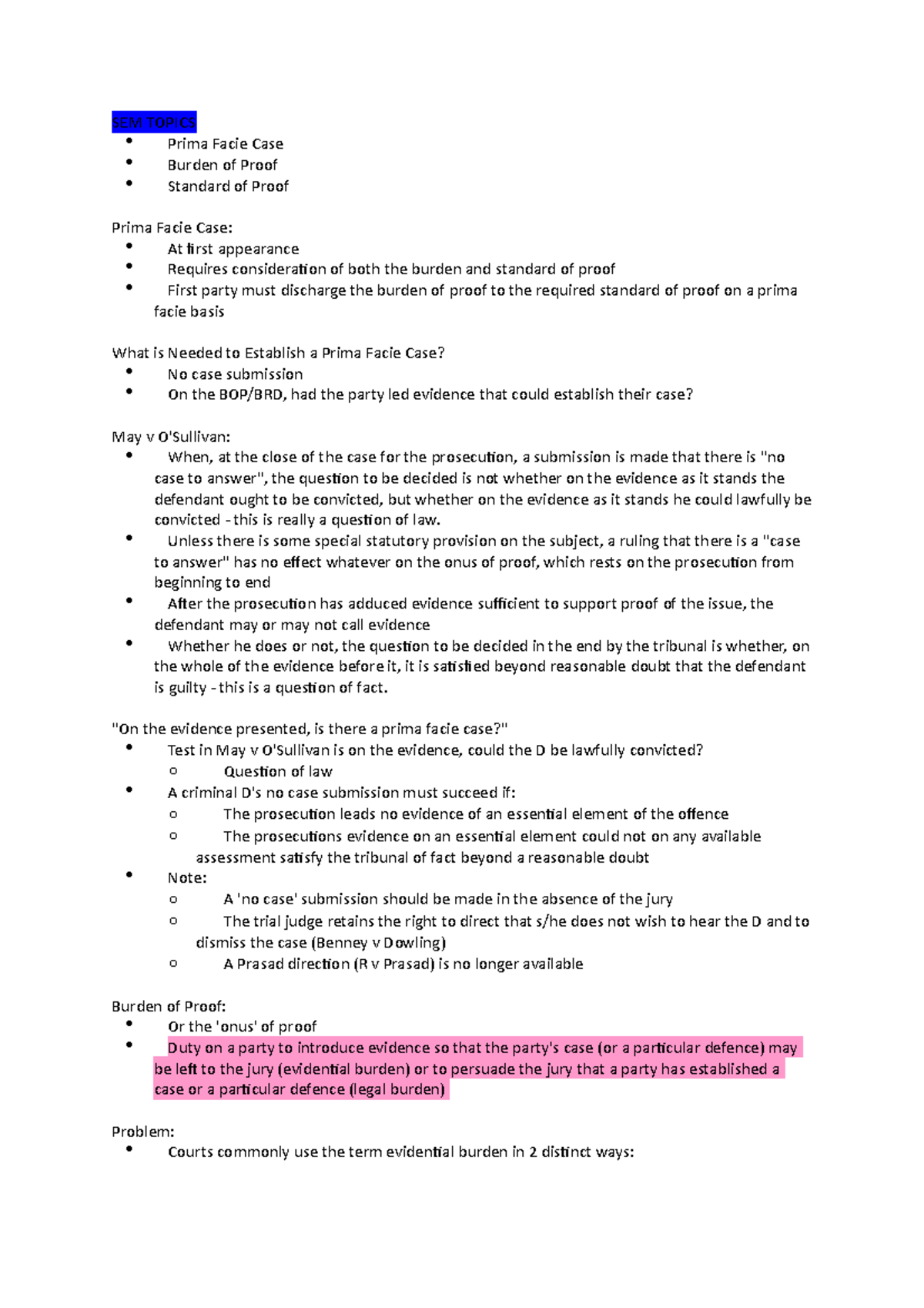 LLB3301 WK1 SEM - SEM TOPICS Prima Facie Case Burden of Proof Standard ...