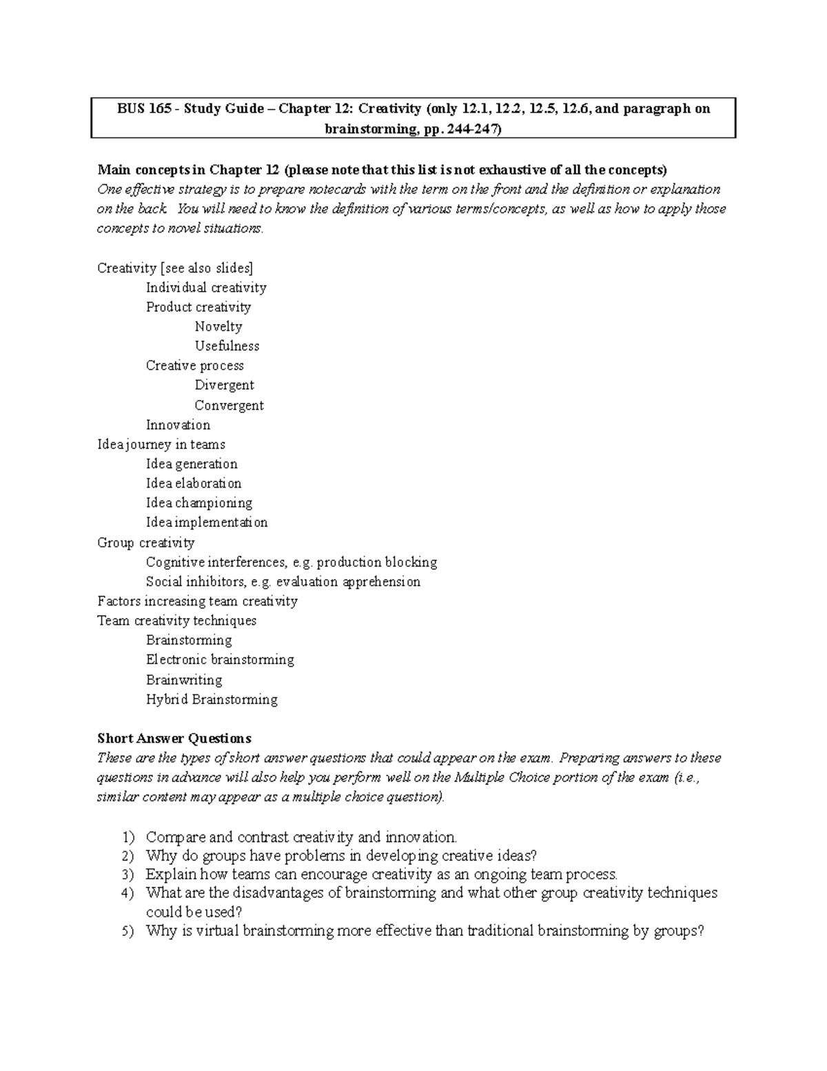 BUS 165 - Study Guide - Chapter 12 - BUS 165 - Study Guide – Chapter 12 ...