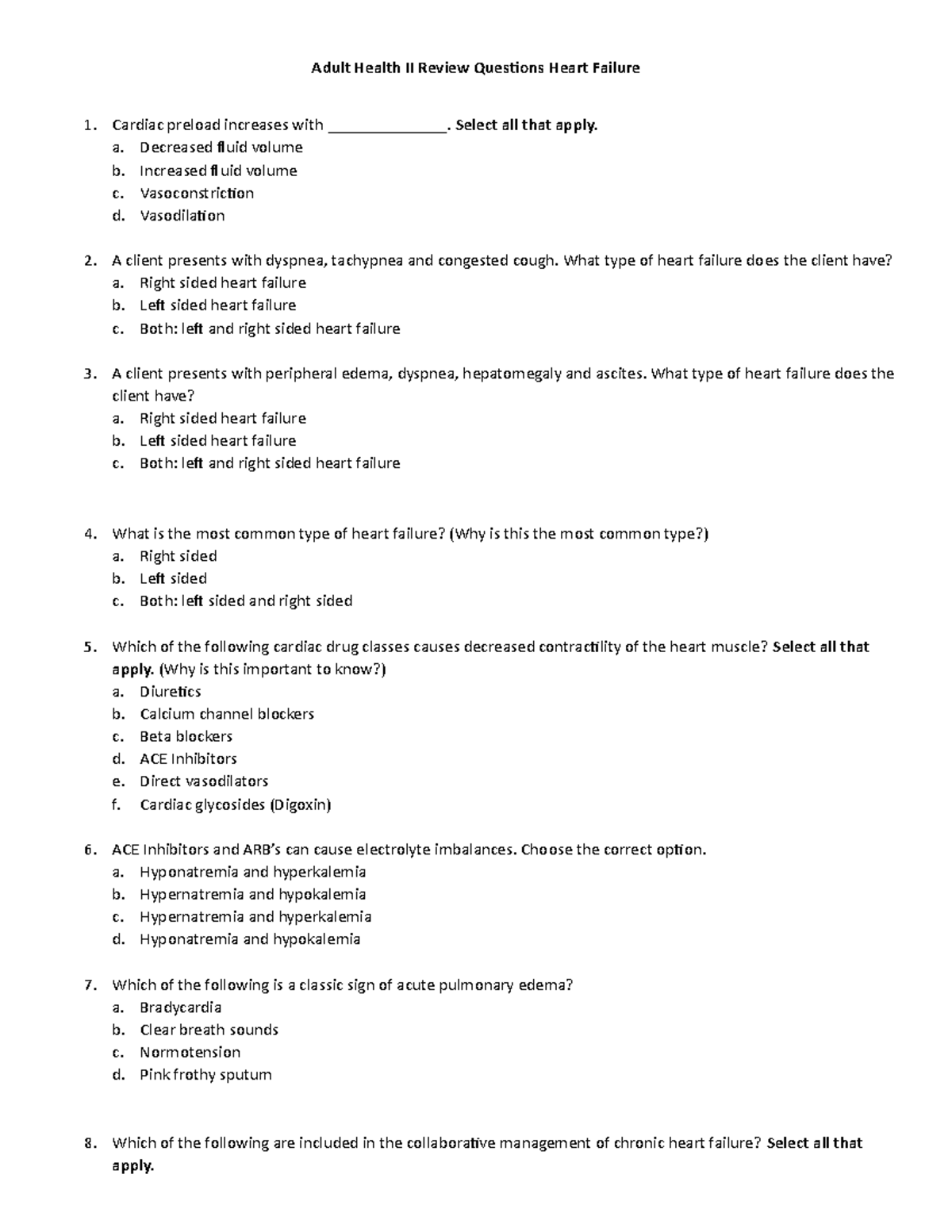 Heart Failure Questions - Adult Health II Review Questions Heart ...