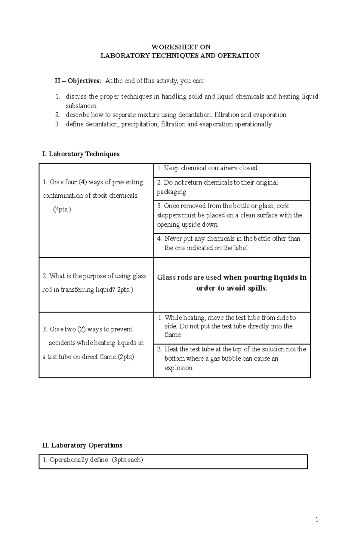 Worksheet on Laboratory Techniques and Operation - WORKSHEET ON ...