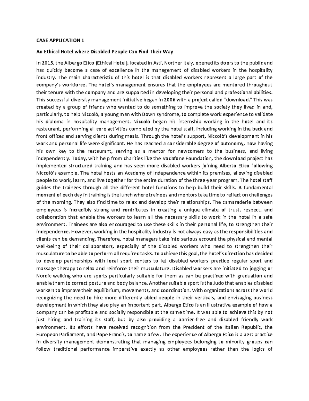 Case Application Ch5 - case study - CASE APPLICATION 1 An Ethical Hotel ...