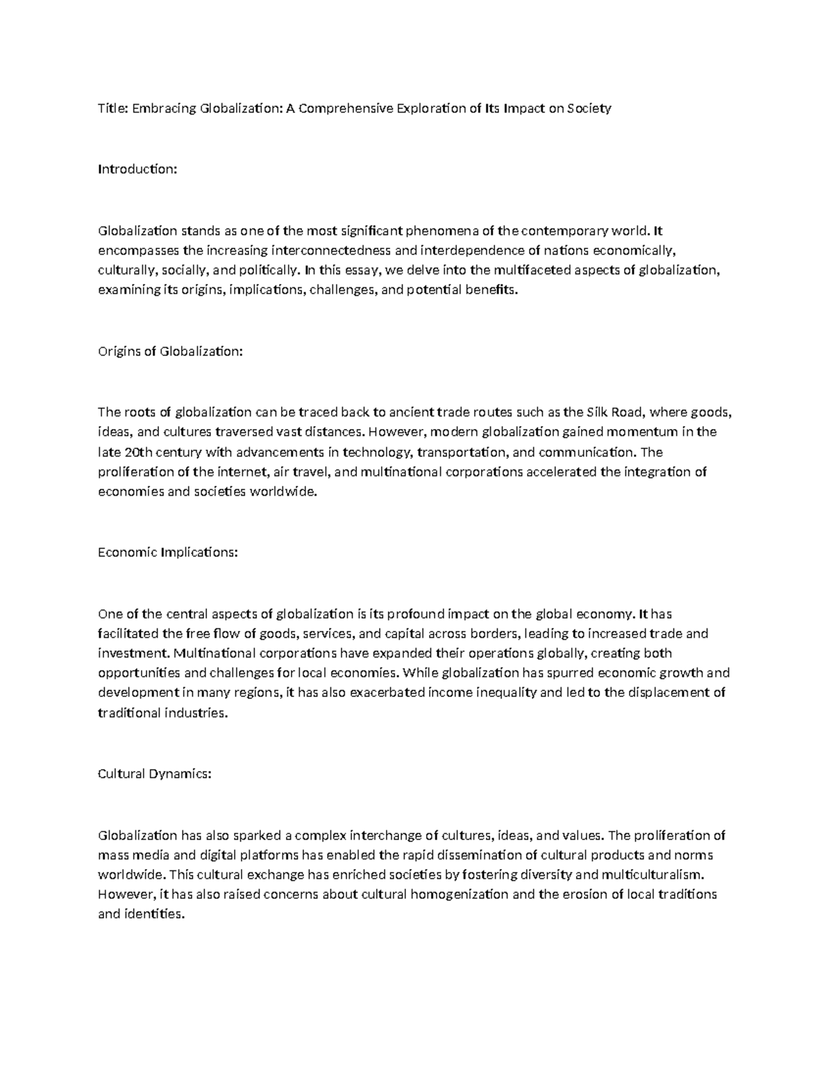 Globalization essay - Title: Embracing Globalization: A Comprehensive ...