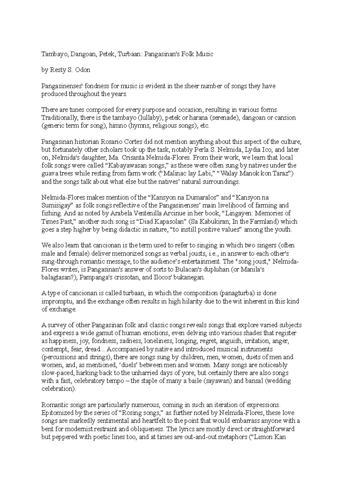 Tambayo, Dangoan, Petek, Turbaan: Pangasinan's Folk Songs - Odon ...