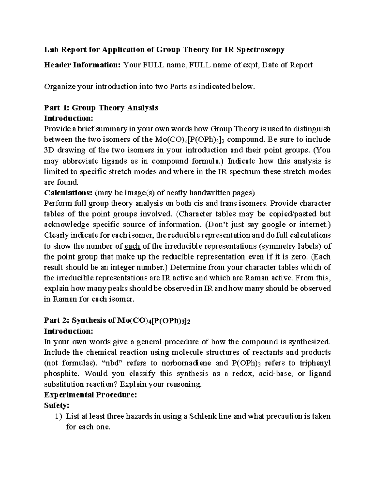 Lab Report for Application of Group Theory to IR Spectroscopy - Part 1 ...