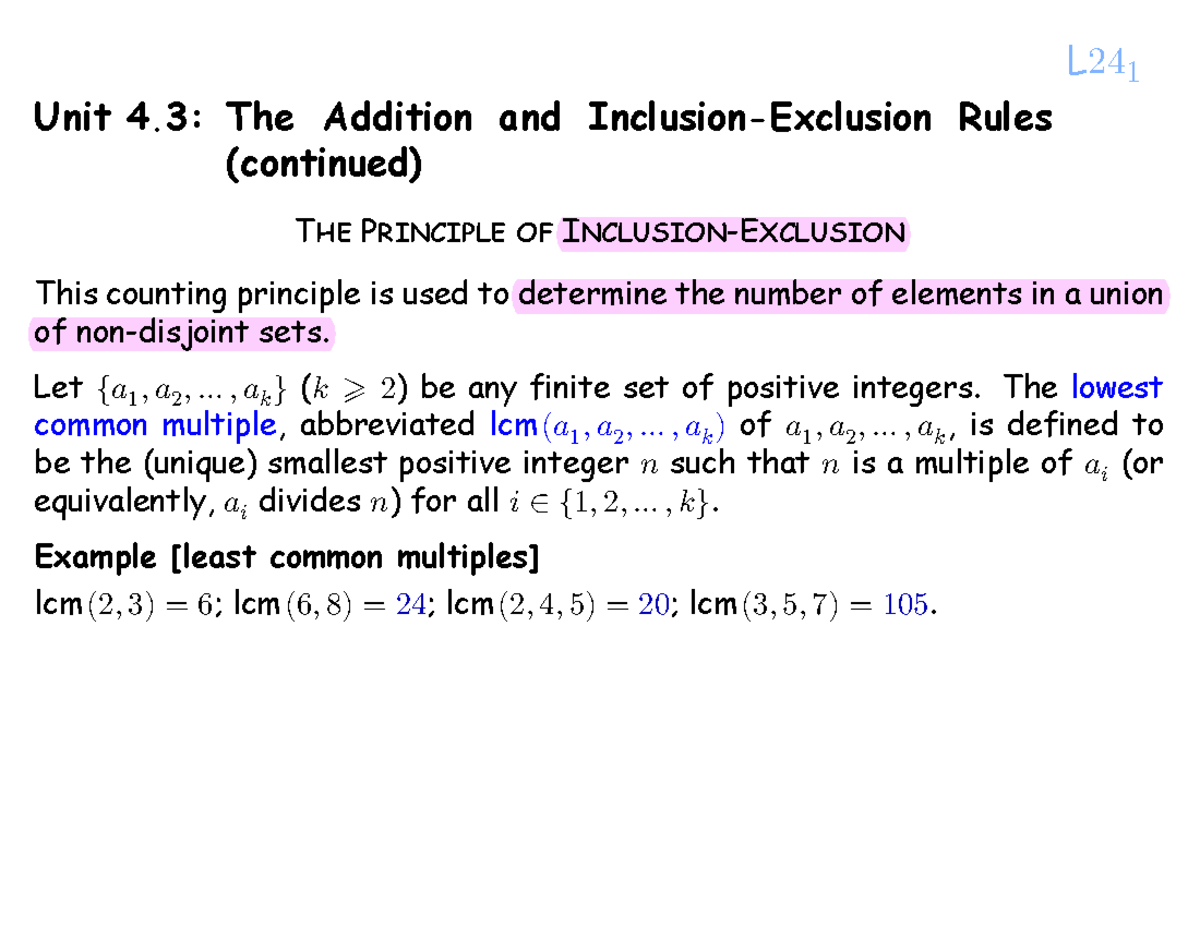 Lecture 24_ Unit 4.3: The Addition and Inclusion-Exclusion Rules (continued) - Unit 4: The ...