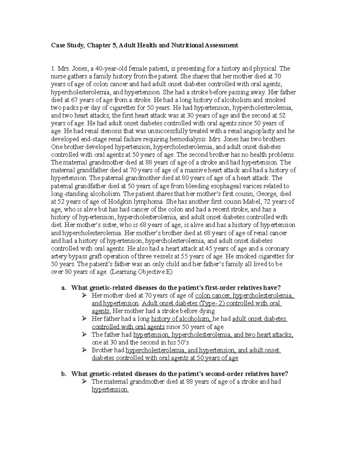 Chapter 5 case study - Case Study, Chapter 5, Adult Health and Nutritional Assessment 1. Mrs ...