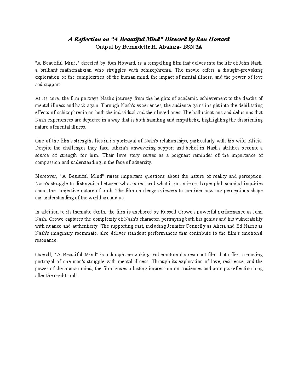 Reflection A beautiful Mind - A Reflection on “A Beautiful Mind ...