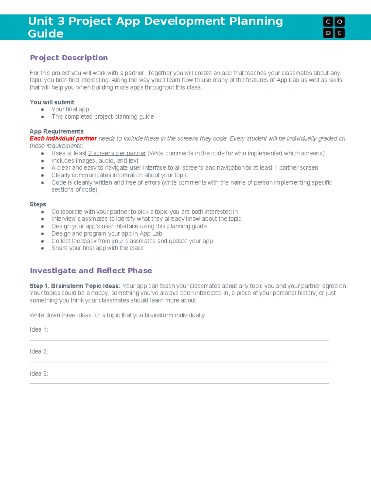 Unit 3 Project App Development Planning Guide (003) - Unit 3 Project App Development Planning ...